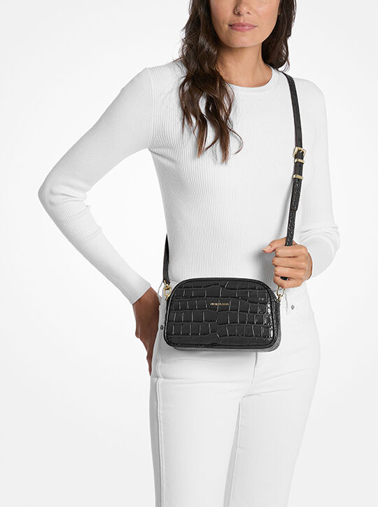 Jet Set Small Crocodile Embossed Leather Crossbody Bag, BLACK | Michael ...